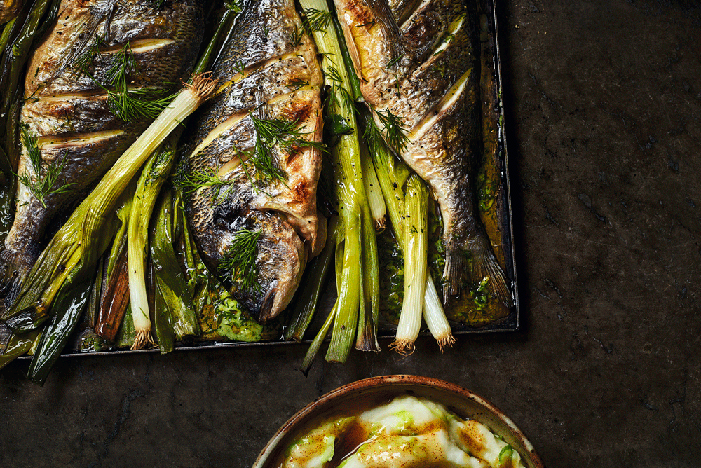 Sea bream with brown butter champ & charred salad onions recipe ...
