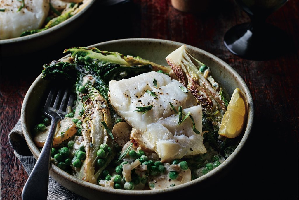 Braised cod, lettuce and peas recipe - Waitrose UAE & Partners