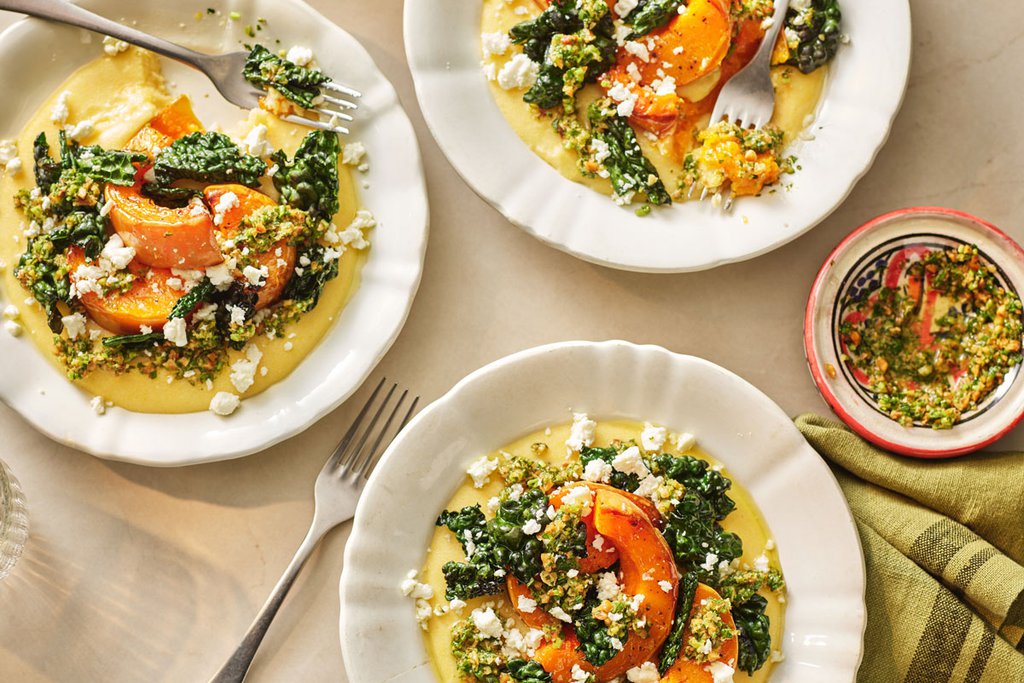 Polenta with roasted squash & hazelnut green sauce recipe - Waitrose ...