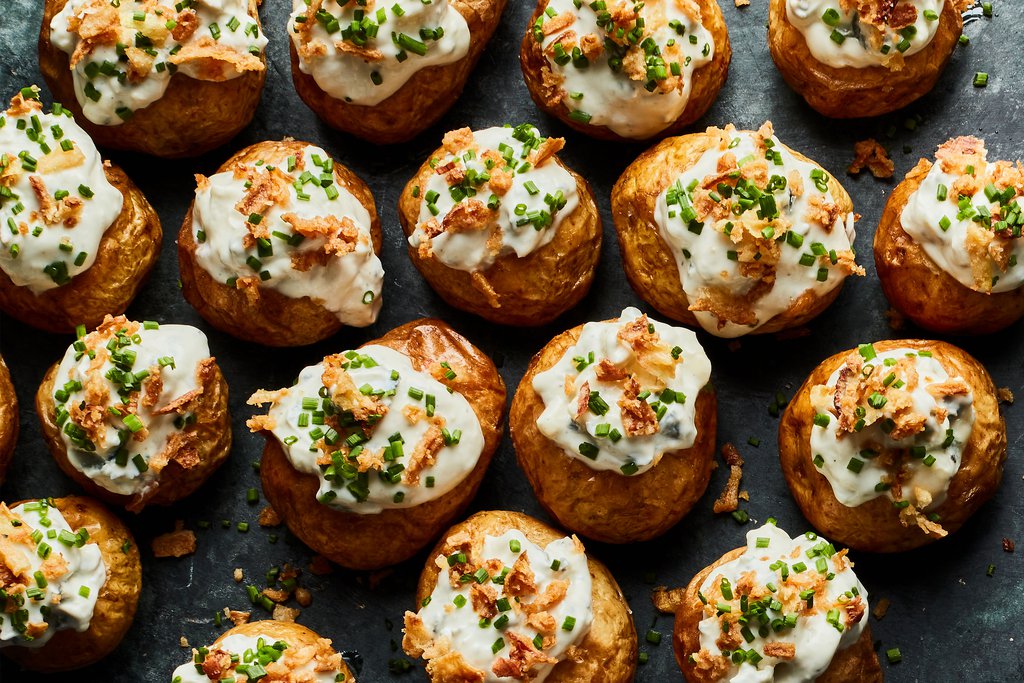 Baby jacket spuds with blue cheese & crispy onions recipe - Waitrose ...