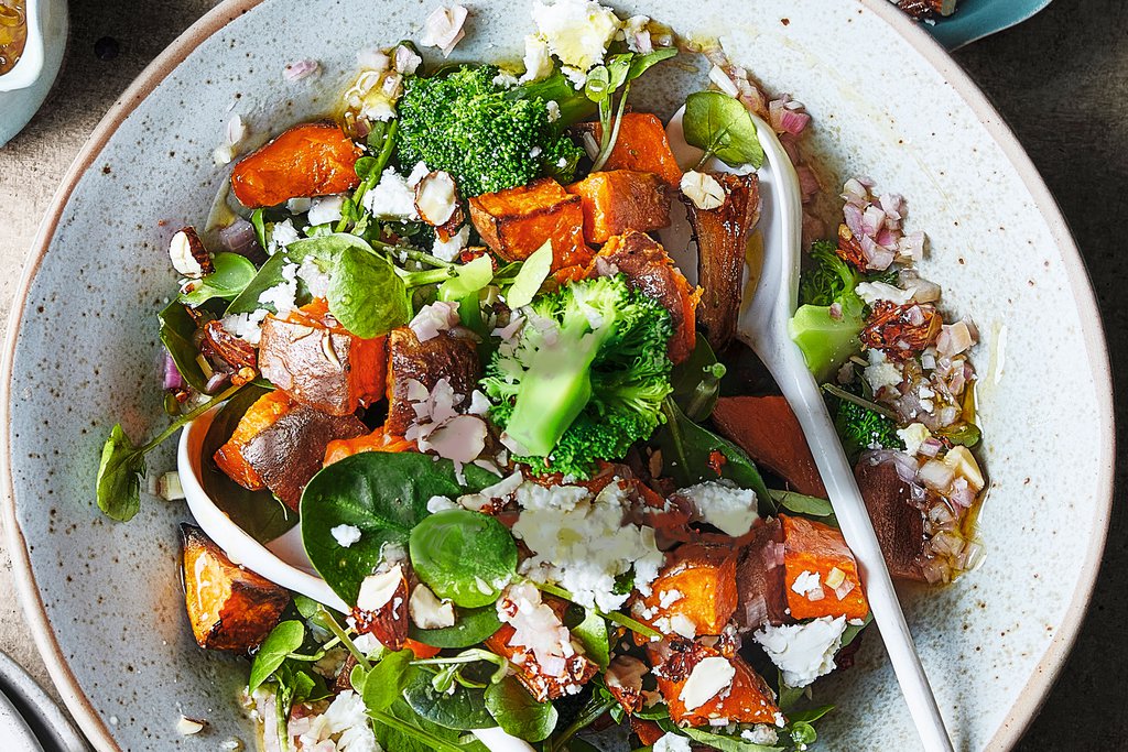 Broccoli, roast sweet potato & spicy almond salad recipe - Waitrose UAE ...