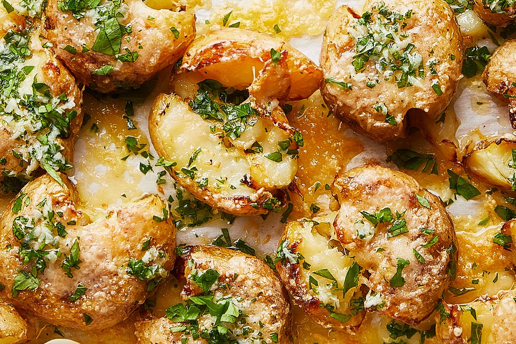 Cheesy smashed new potatoes with garlic butter recipe - Waitrose UAE ...