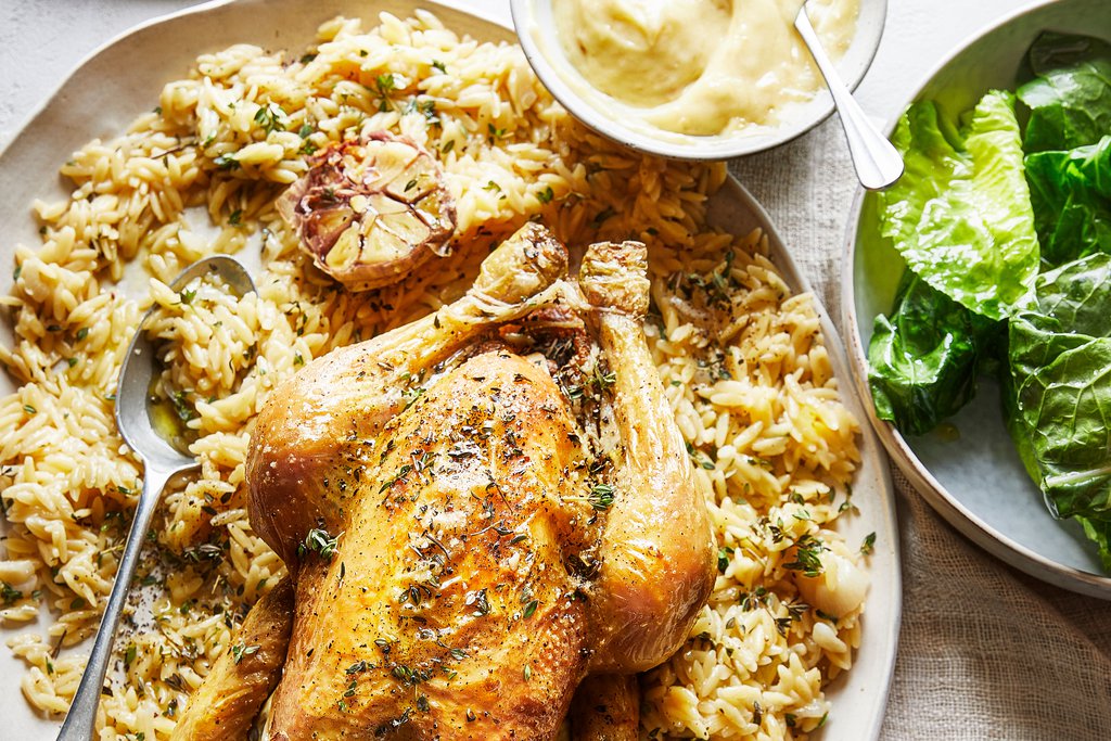 Chicken with orzo & roasted garlic aioli recipe - Waitrose UAE & Partners