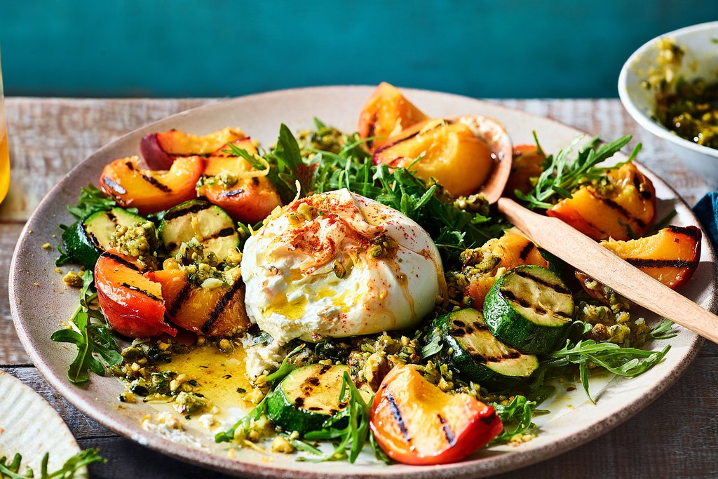 Grilled peach & burrata salad with pistachio pesto recipe - Waitrose ...